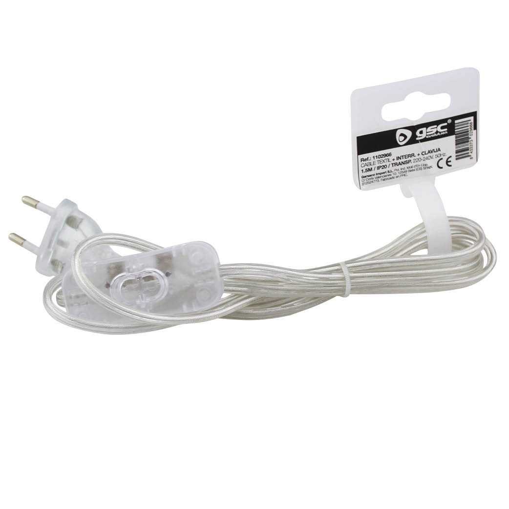 Cable conexión plano con interruptor (2x0.75mm) 1,5M Transparente | Garsaco