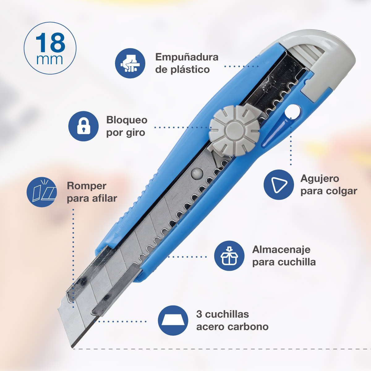 Cúter estándar con rueda de bloqueo y 3 cuchillas | Garsaco