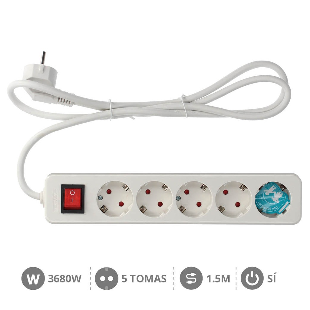5 way socket with switch Mega Serie (3x1.5mm) 1,5M wire | Garsaco
