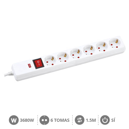 6 way socket White with switch (3x1.5mm) 1,5M wire - surge protection ...