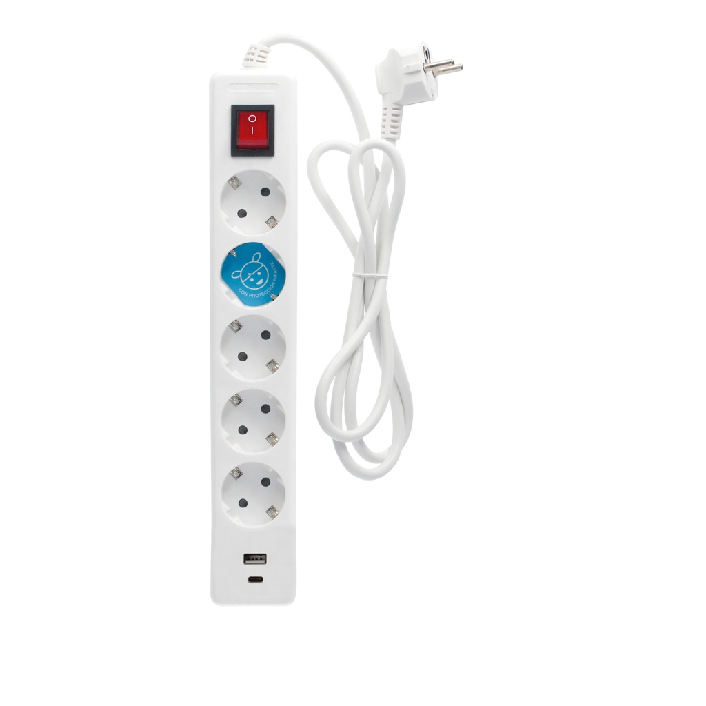 Base múltiple 5T + USB C + A con interruptor (3x1.5mm) 1,4M Blanco ...