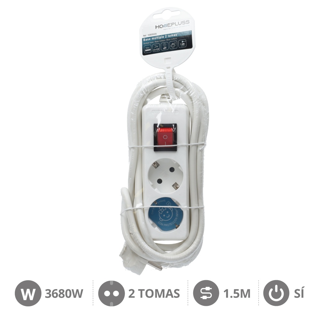 2 way socket White with switch (3x1.5mm) 1,5M wire | Garsaco