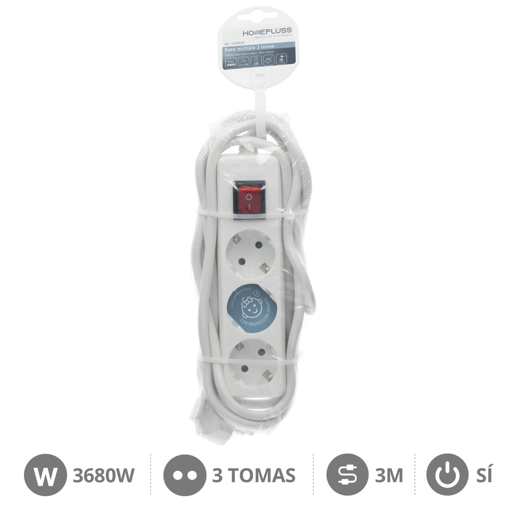 3 way socket White with switch (3x1.5mm) 3M wire | Garsaco